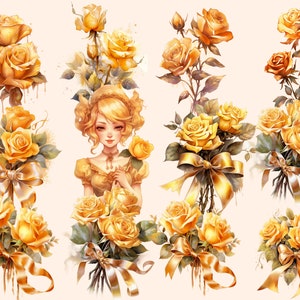 Golden Roses Watercolor Clipart Bundle - 108 PNG Images, Beautiful ...