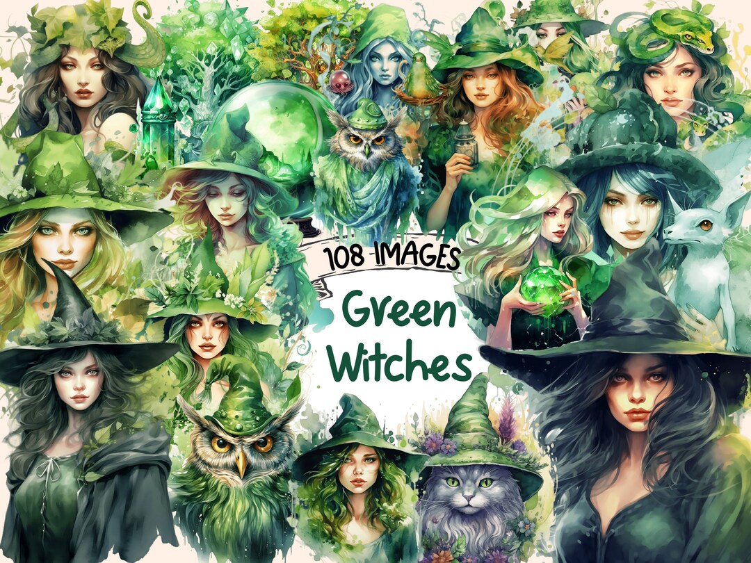 Green Witches Watercolor Clipart Bundle - 108 PNG Fairytale Images ...