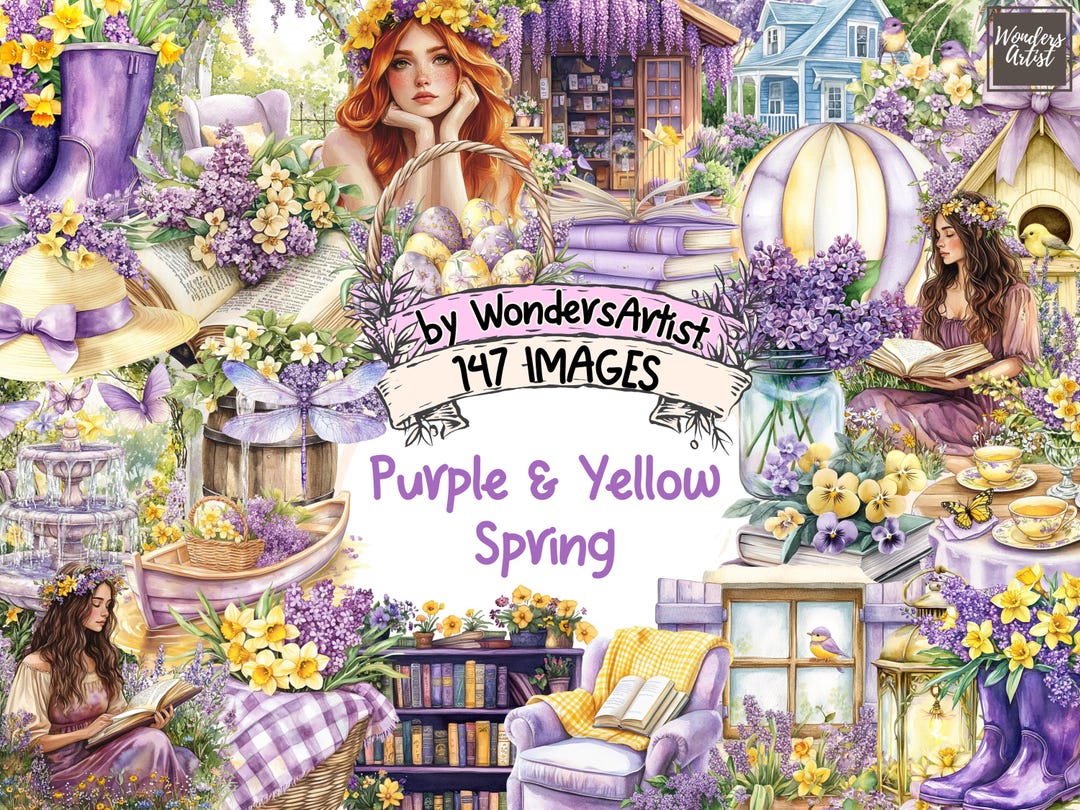 Purple & Yellow Watercolor Spring Clipart: 147 Floral PNG Images ...