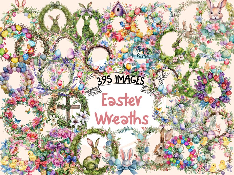 Watercolor Easter Wreaths Clipart Bundle: 395 PNG Images (digital ...