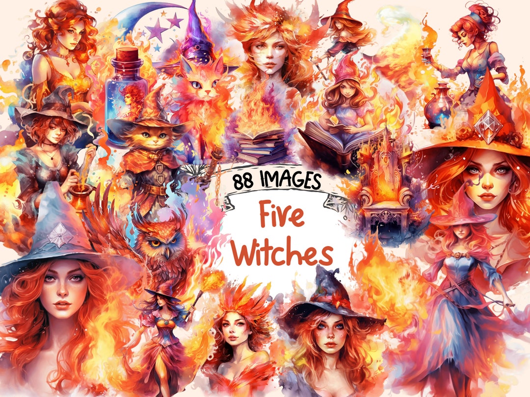 Fire Witches Watercolor Clipart Bundle - 88 PNG Fairytale Images ...