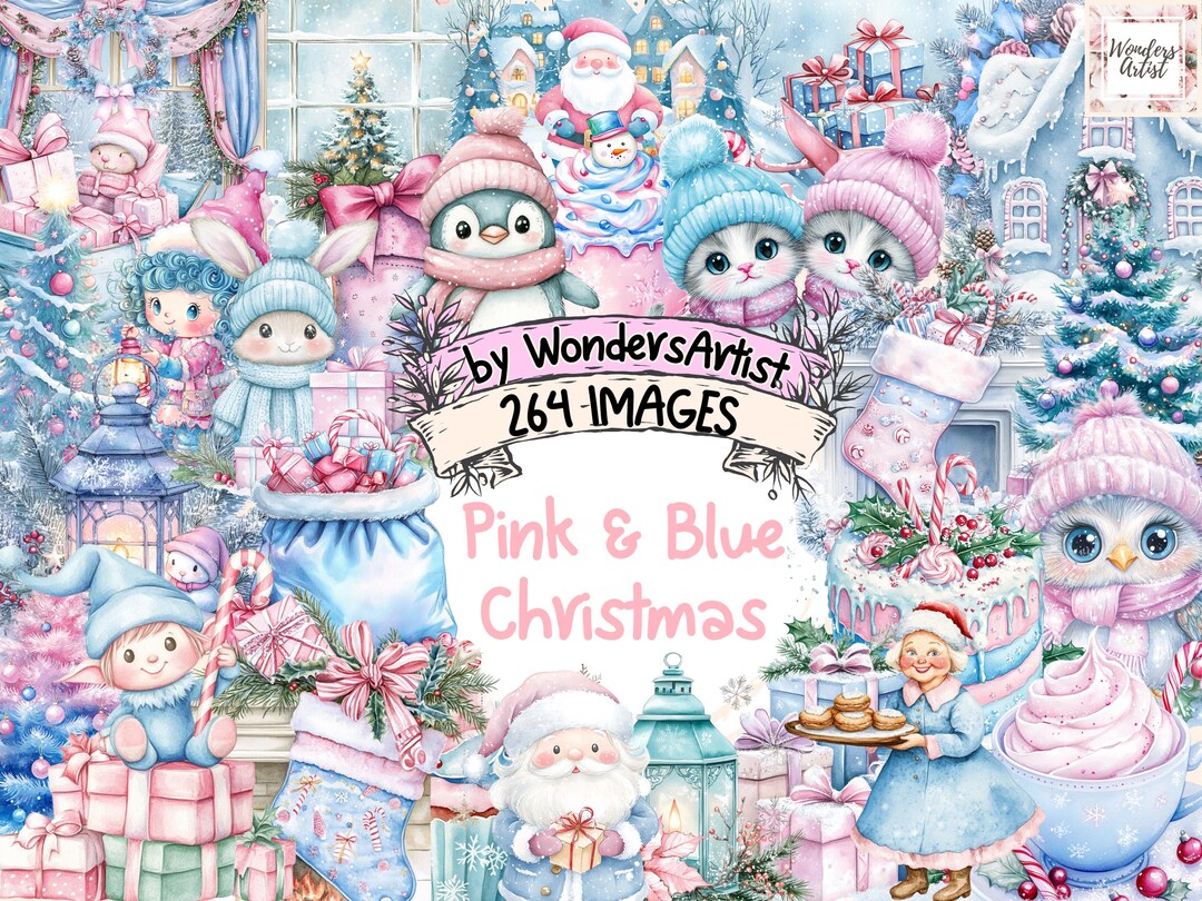 Pink & Blue Christmas Clipart Bundle: Watercolor Festive Images (PNG ...