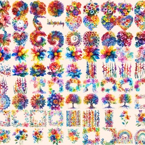 Rainbow Flowers Watercolor Clipart Bundle - 253 PNG Multicolored Floral ...