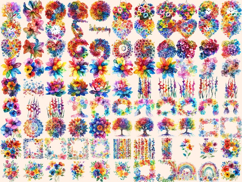 Rainbow Flowers Watercolor Clipart Bundle: 253 Floral PNG Images ...