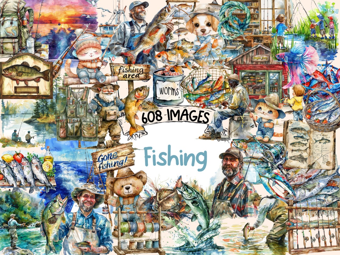 Fishing Watercolor Clipart Bundle: Angling Equipment Graphics (608 PNG ...
