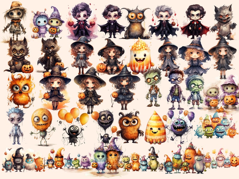 Watercolor Halloween Monster Clipart Bundle: 343 PNG Spooky Images ...