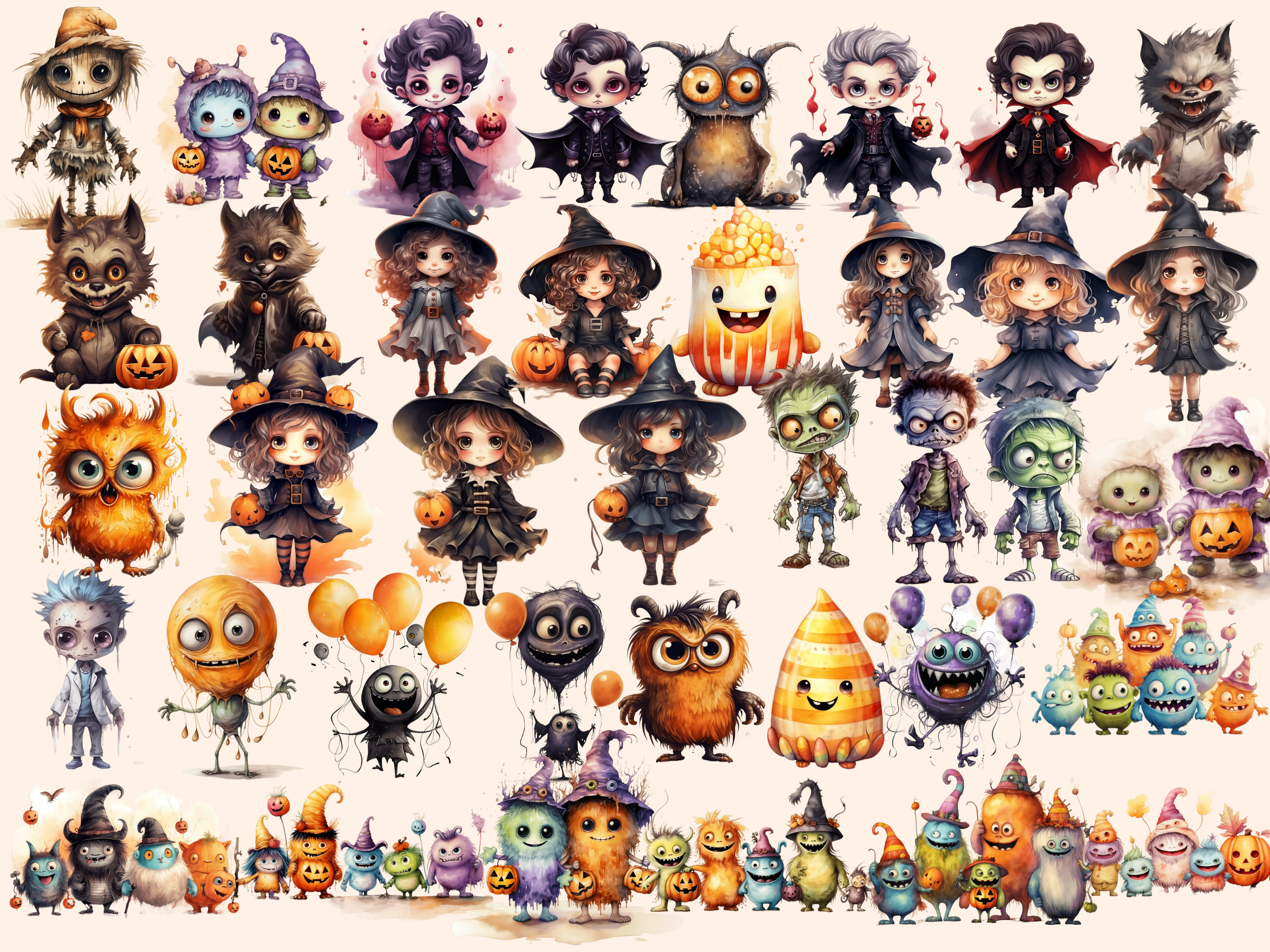 Watercolor Halloween Monster Clipart Bundle: 343 PNG Spooky Images ...
