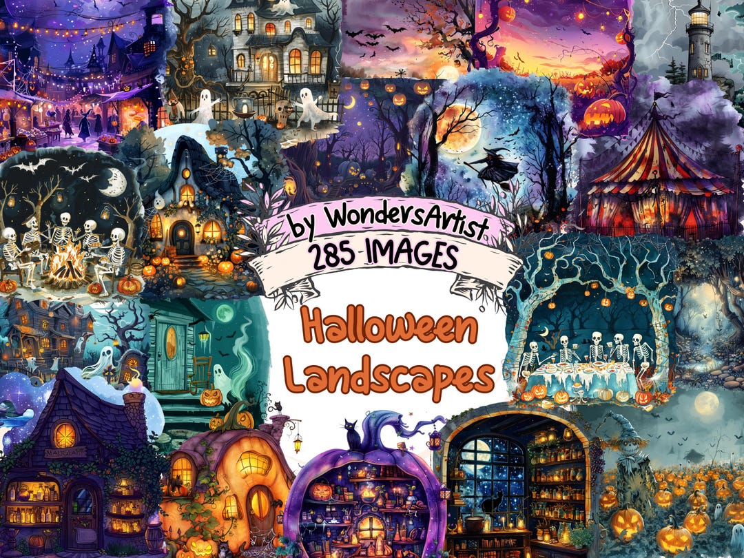Halloween Landscapes Watercolor Clipart Bundle - 285 PNG Spooky Scenic ...