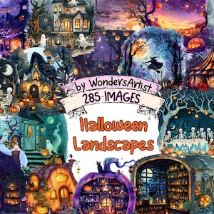 Halloween Landscapes Watercolor Clipart Bundle - 285 PNG Spooky Scenic ...