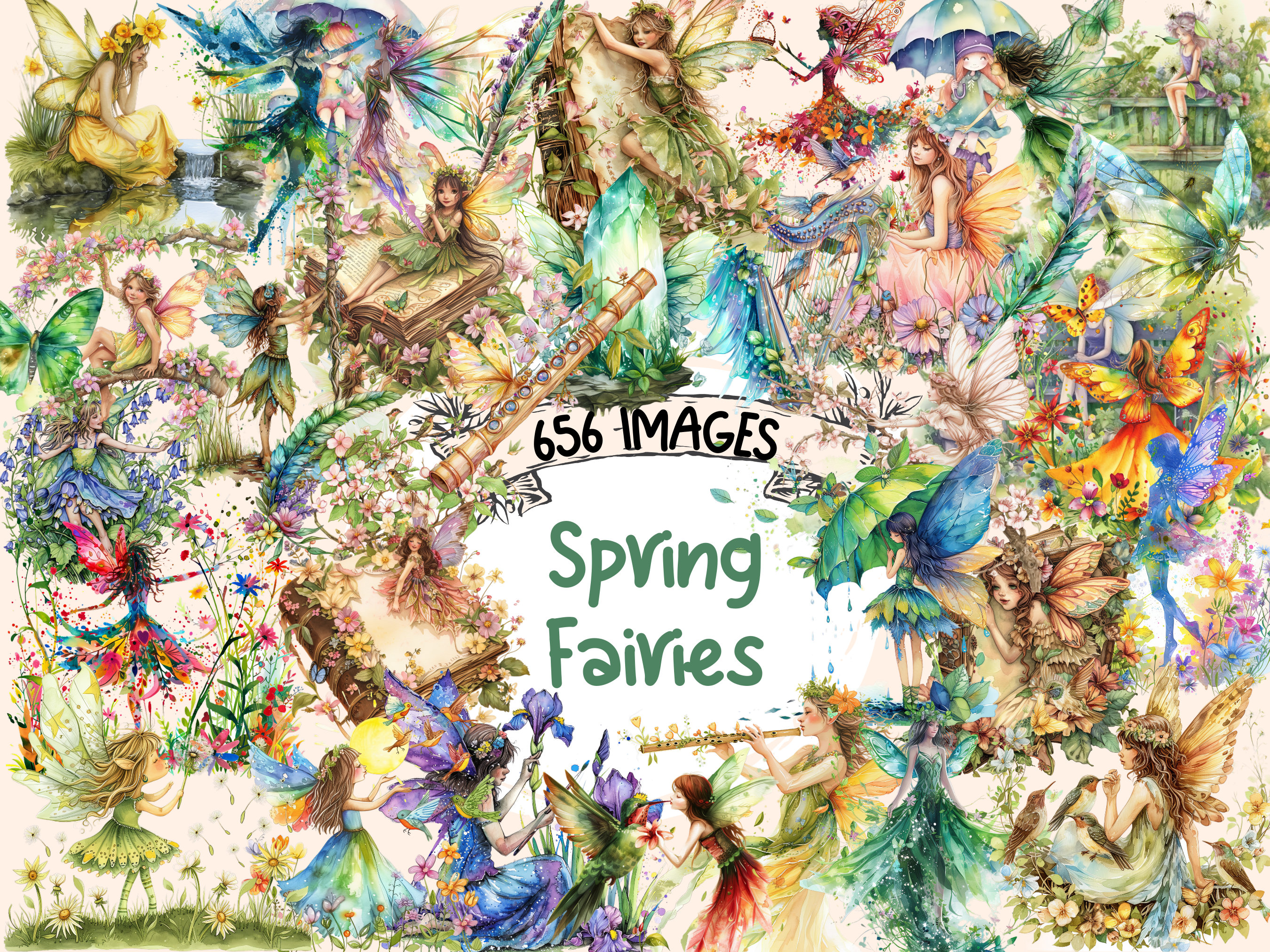 Watercolor Spring Fairies Clipart Bundle: 656 PNG Graphics (digital ...