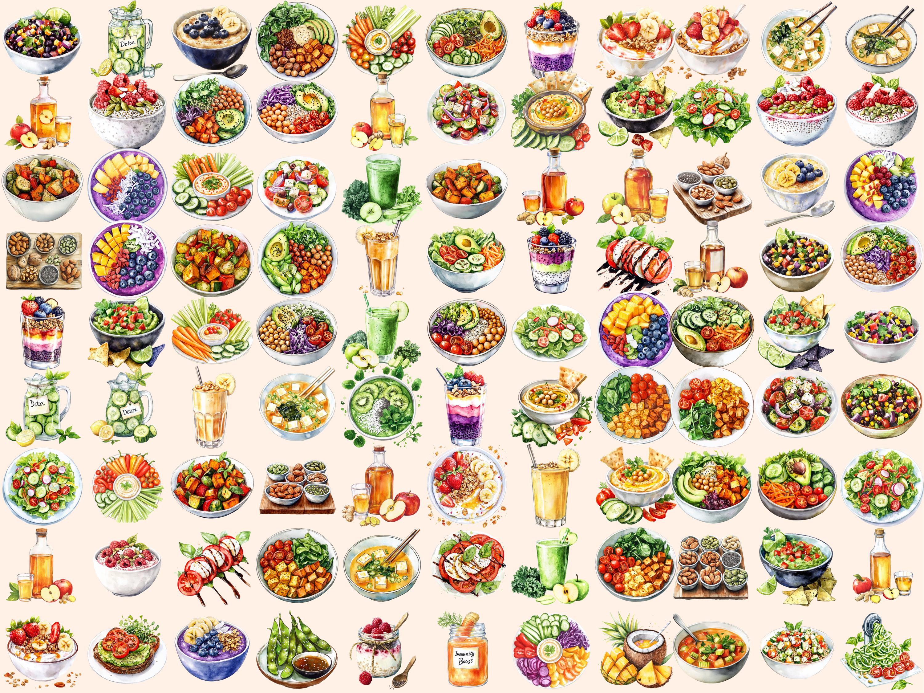 Watercolor Food Clipart Bundle: Healthy Eating Illustrations (231 PNG ...