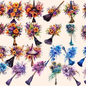 Floral Broomsticks Watercolor Clipart Bundle - 113 PNG Witch Brooms ...