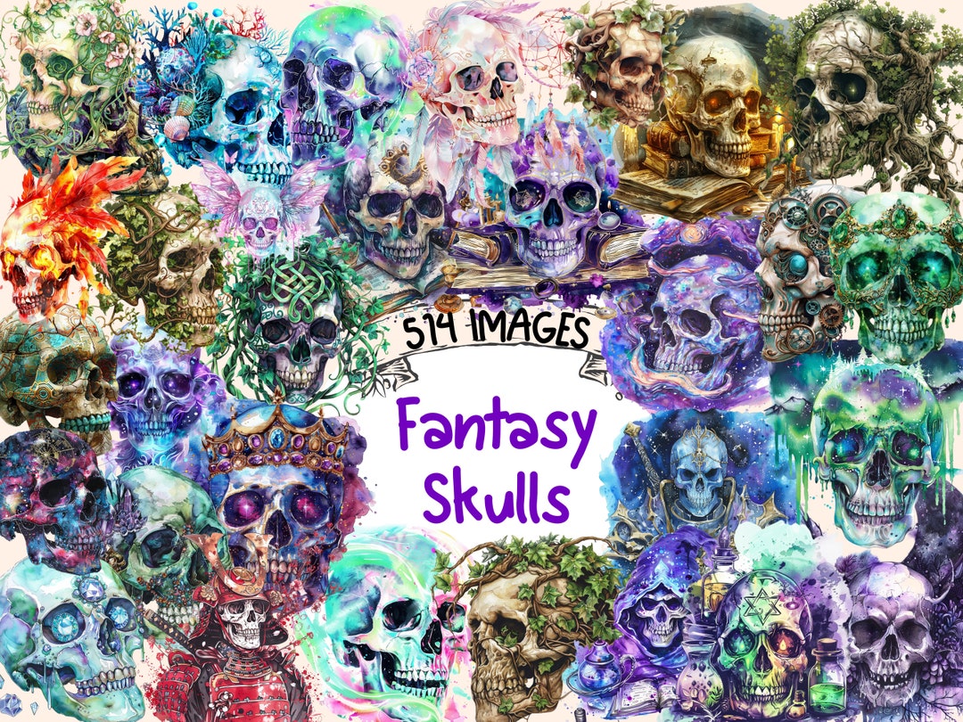 Fantasy Skulls Watercolor Clipart Bundle - 514 PNG Mystical Skull ...