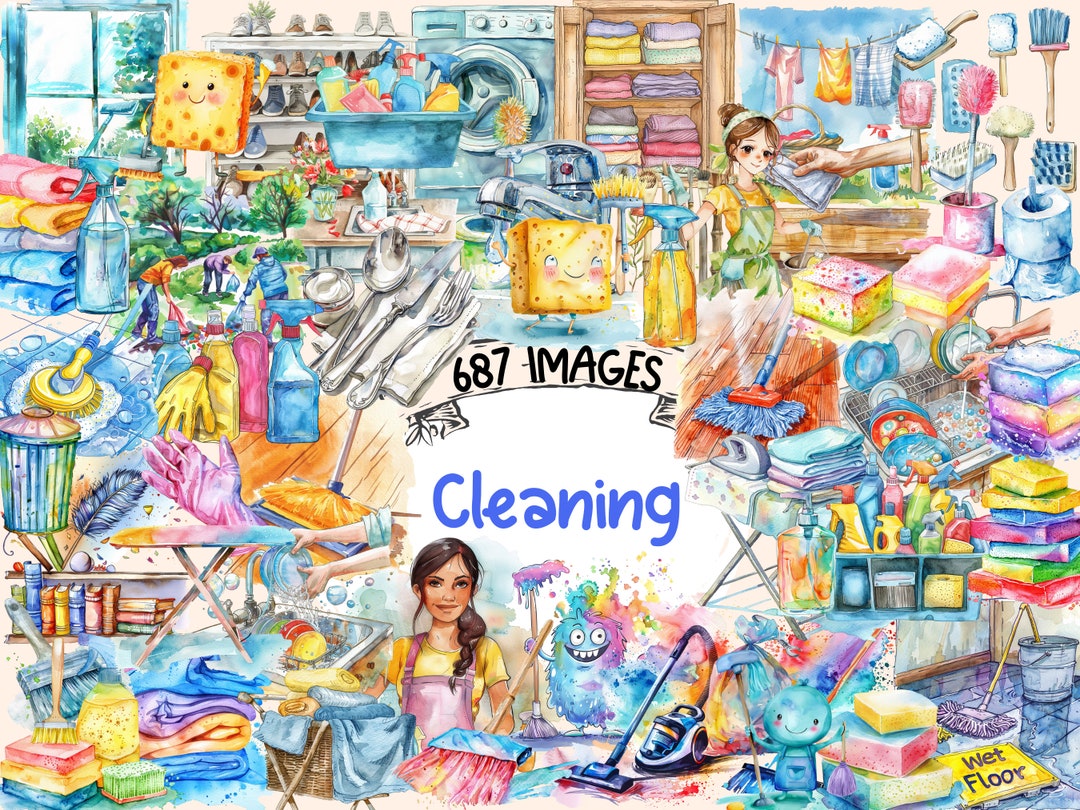 Watercolor Cleaning Clipart Bundle: 687 PNG Graphics (digital Download ...