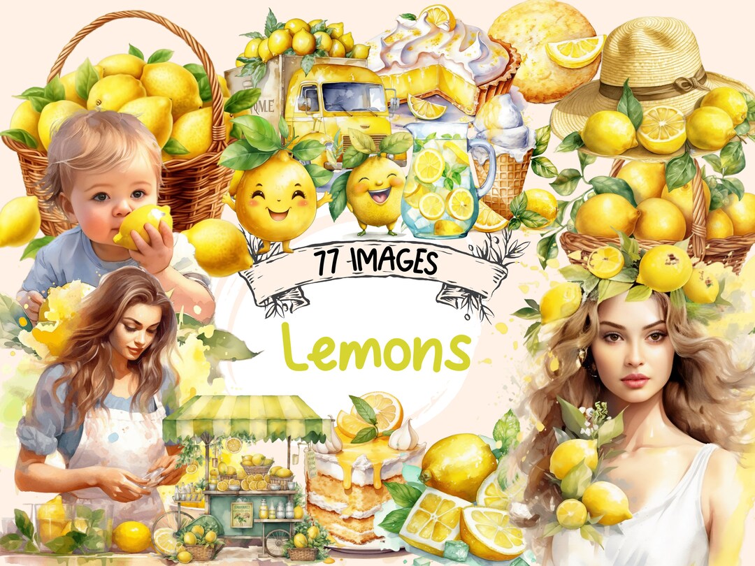 Lemons Watercolor Clipart Bundle - 77 PNG Images of Refreshing Summer ...