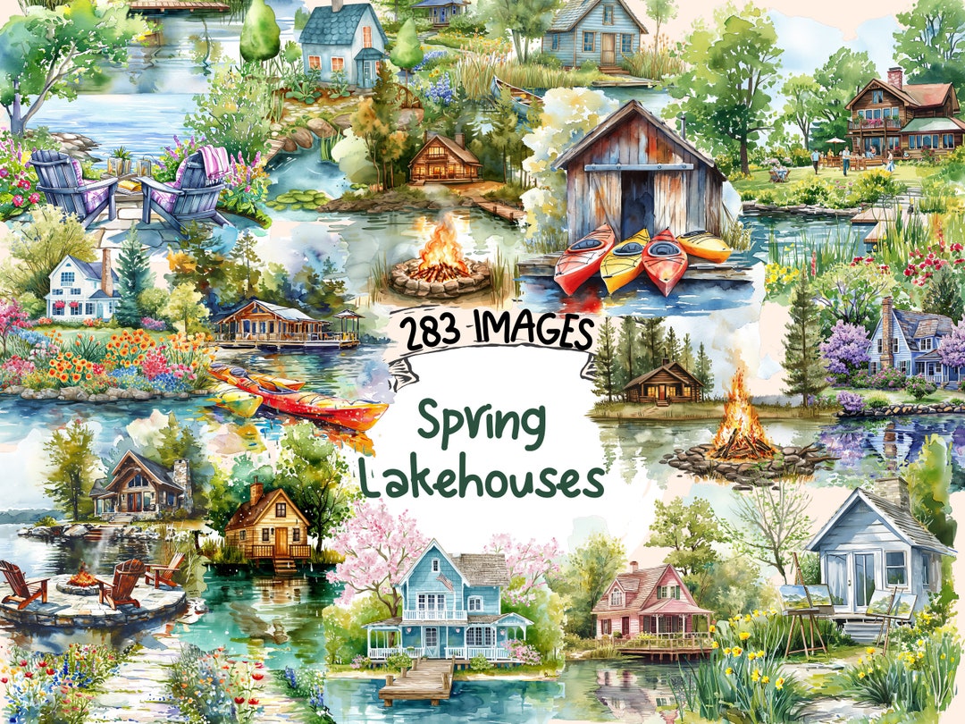 Spring Lakehouses Watercolor Clipart Bundle - 283 PNG Spring Scene ...