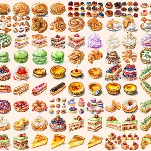 French Pastries Watercolor Clipart: Gourmet Dessert Graphics (637 PNG ...