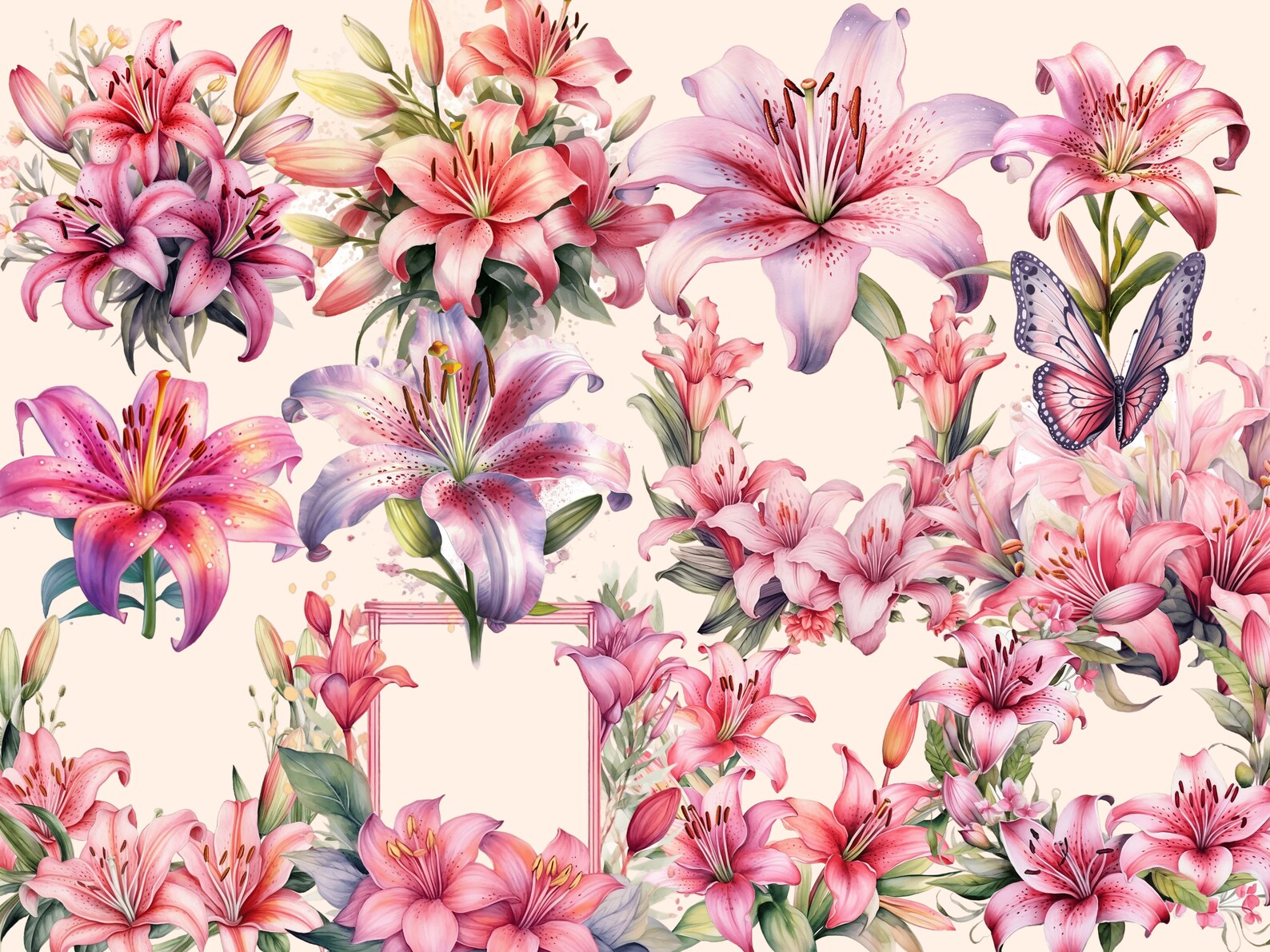 Pink Lilies Watercolor Clipart Bundle: 101 Floral PNG Images (digital ...