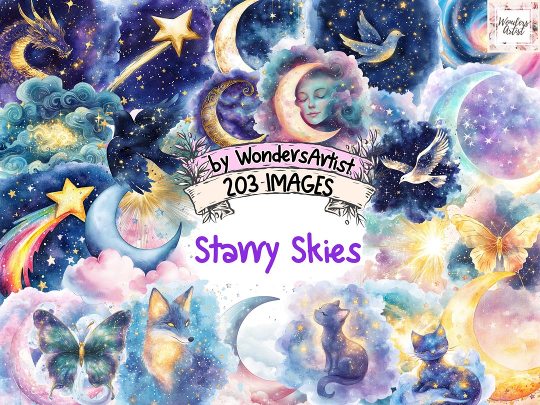 Starry Skies Watercolor Clipart Bundle: 203 Celestial Night Images ...