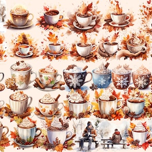 Hot Chocolate Watercolor Clipart Bundle - 384 PNG Hot Cocoa Images ...