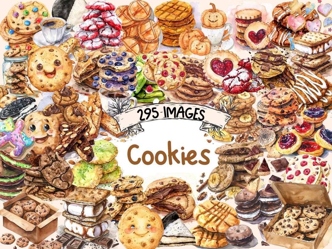 Cookies Watercolor Clipart Bundle - 295 PNG Assorted Cookies Images ...