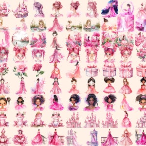 Pink Princess Watercolor Clipart Bundle: 503 PNG Images (digital ...