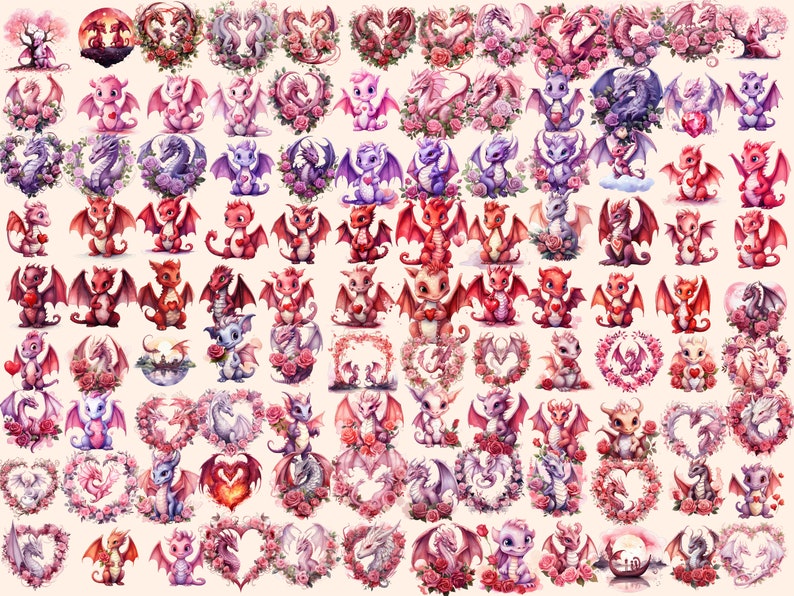 Romantic Dragons Watercolor Clipart Bundle: Valentine's Day PNG ...