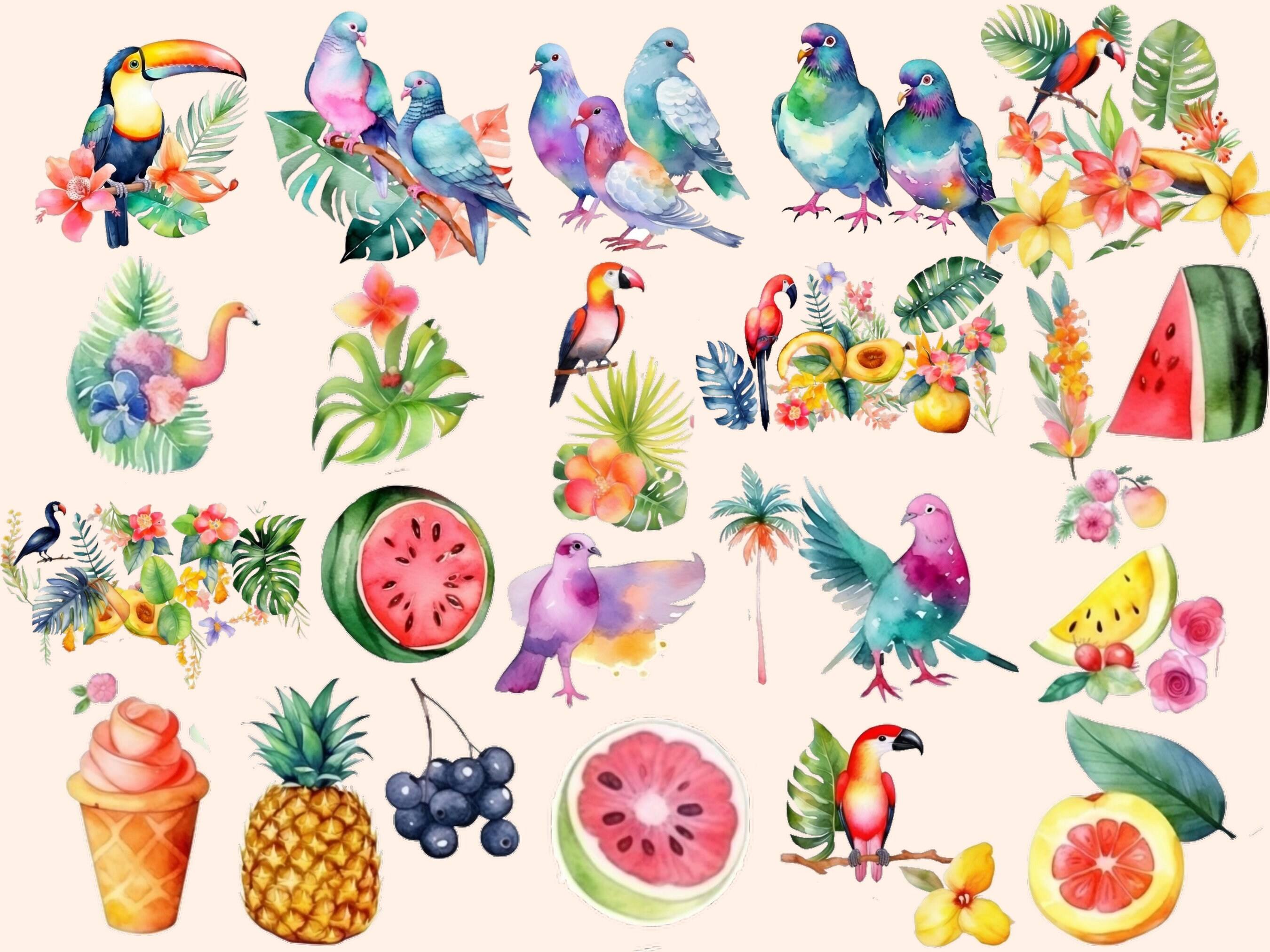 Tropical Summer Watercolor Clipart Bundle Vibrant Flamingos - Etsy
