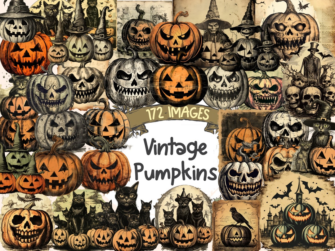 Vintage Pumpkins Watercolor Clipart Bundle - 172 PNG Retro Halloween ...
