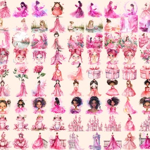 Pink Princess Watercolor Clipart Bundle: 503 PNG Images (digital ...