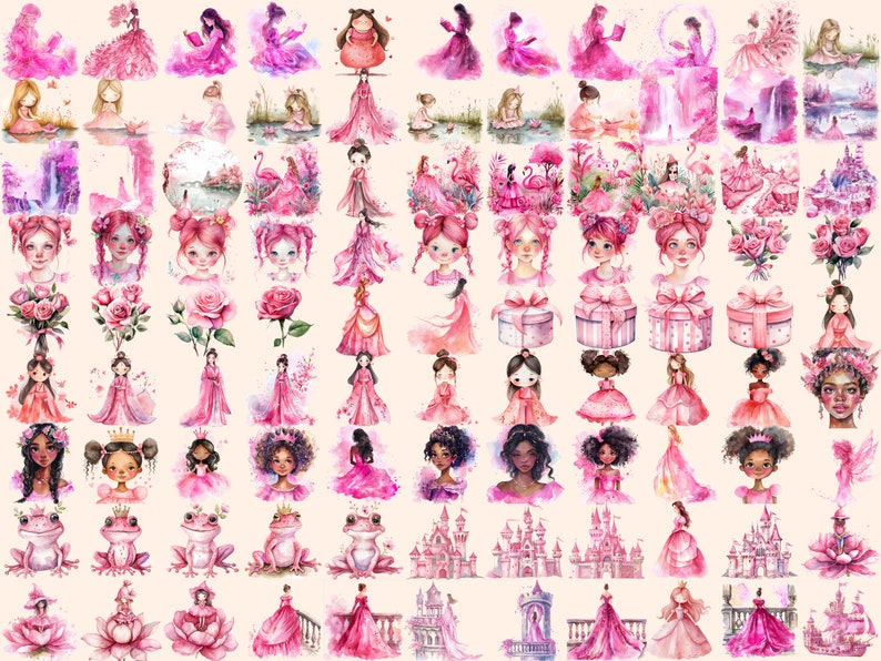 Pink Princess Watercolor Clipart Bundle: 503 PNG Images (digital ...