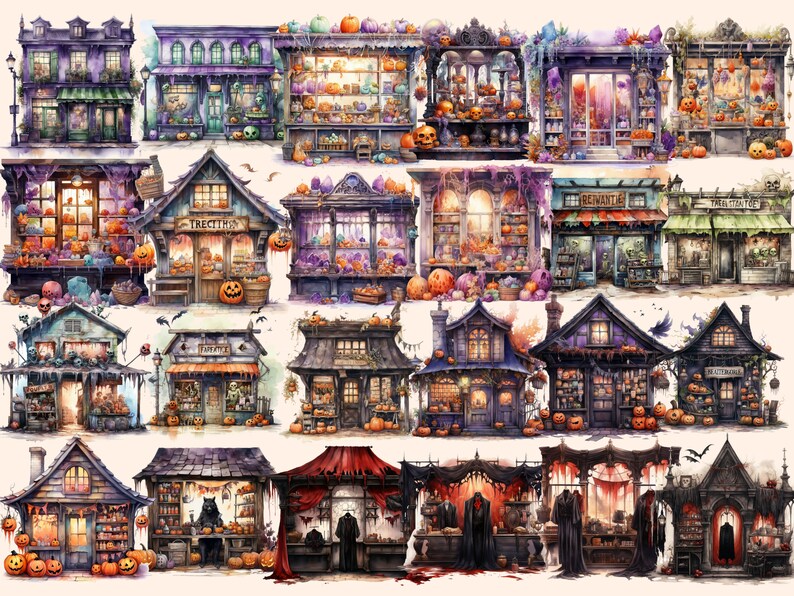 Halloween Storefronts Clipart: 207 Spooky Watercolor PNG Images ...