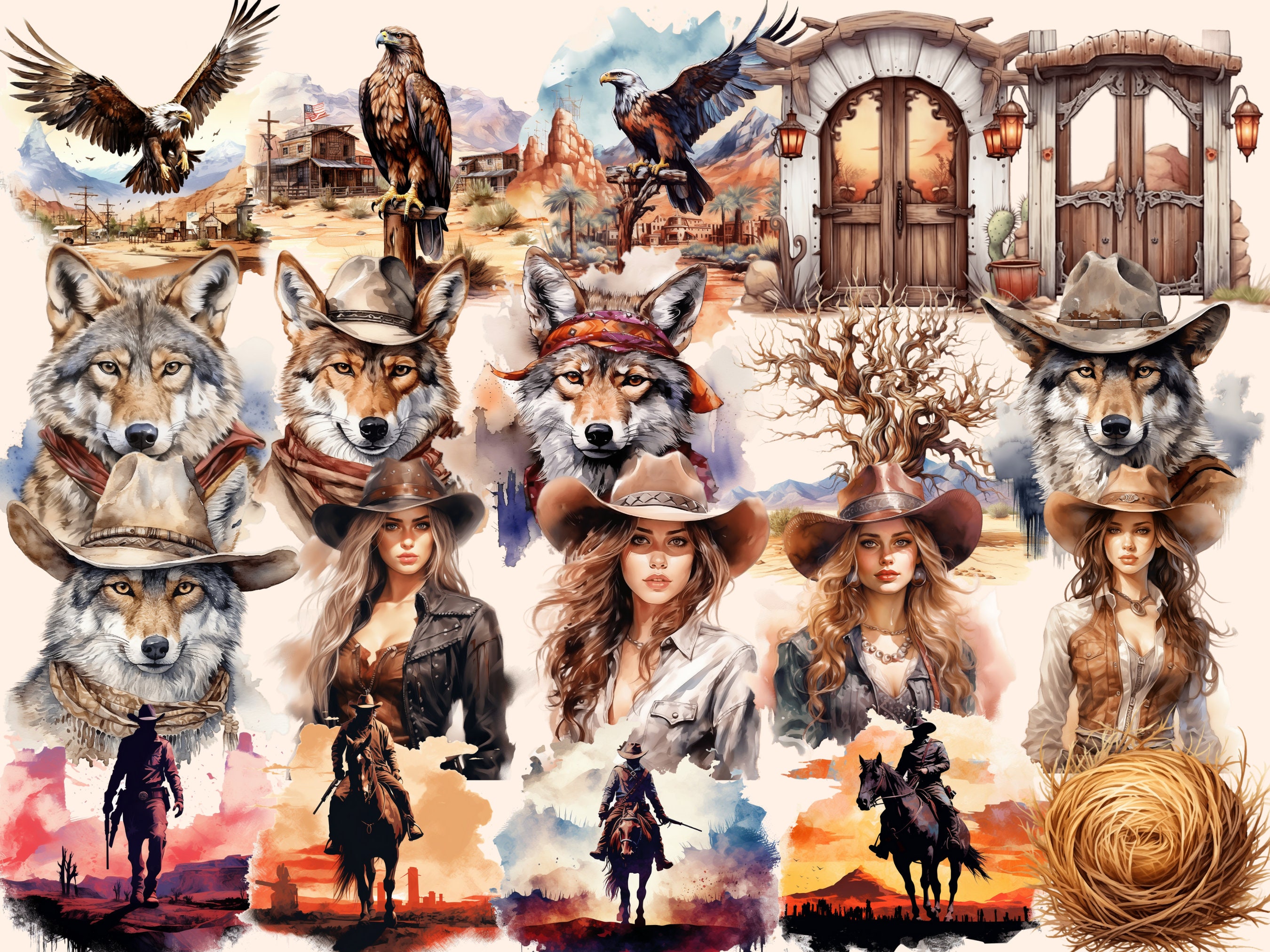 Western Watercolor Clipart Bundle: 103 Wild West PNG Images (digital ...