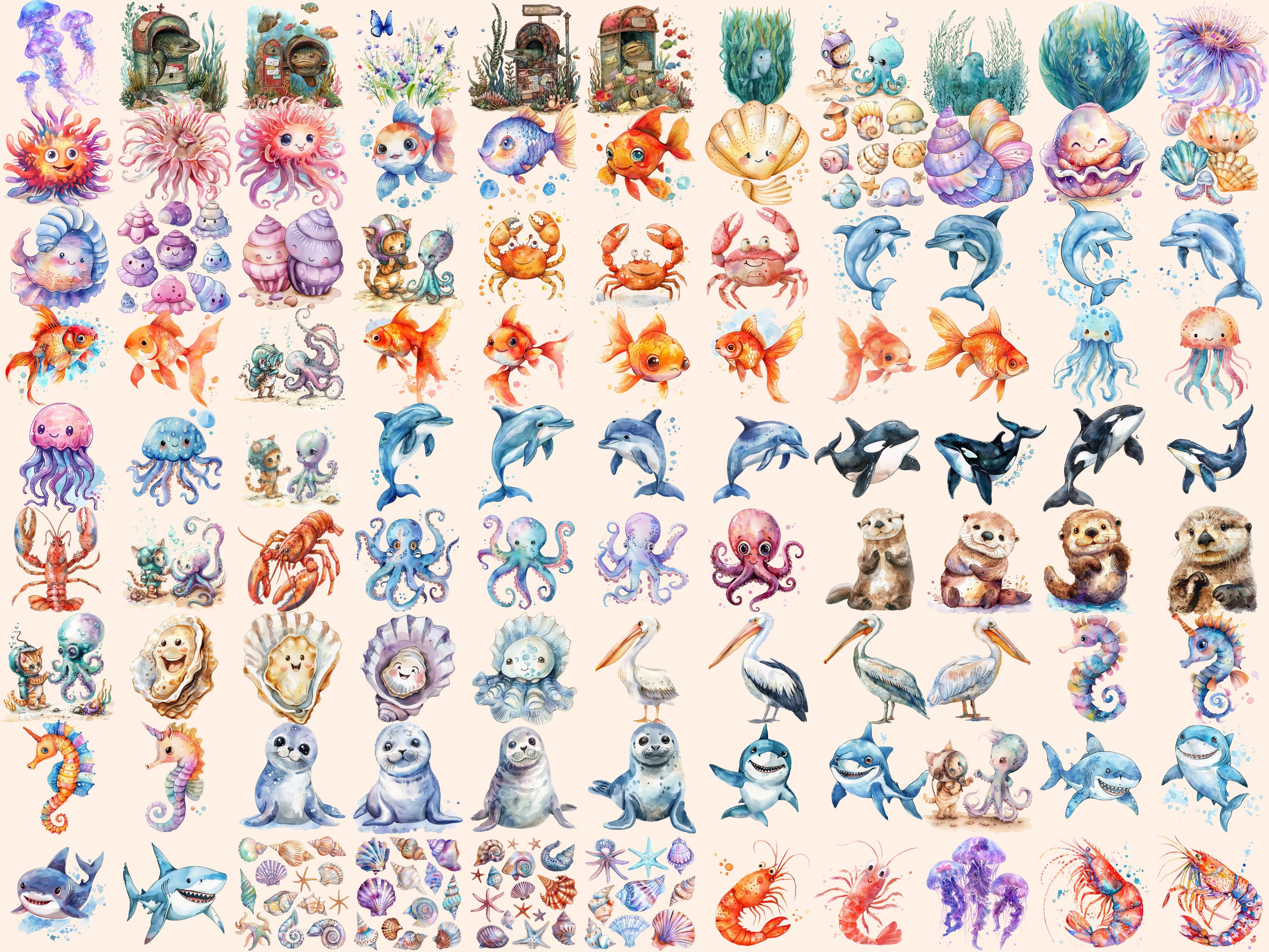 Watercolor Sea Animals Clipart Bundle: 729 PNG Marine Wildlife Images ...