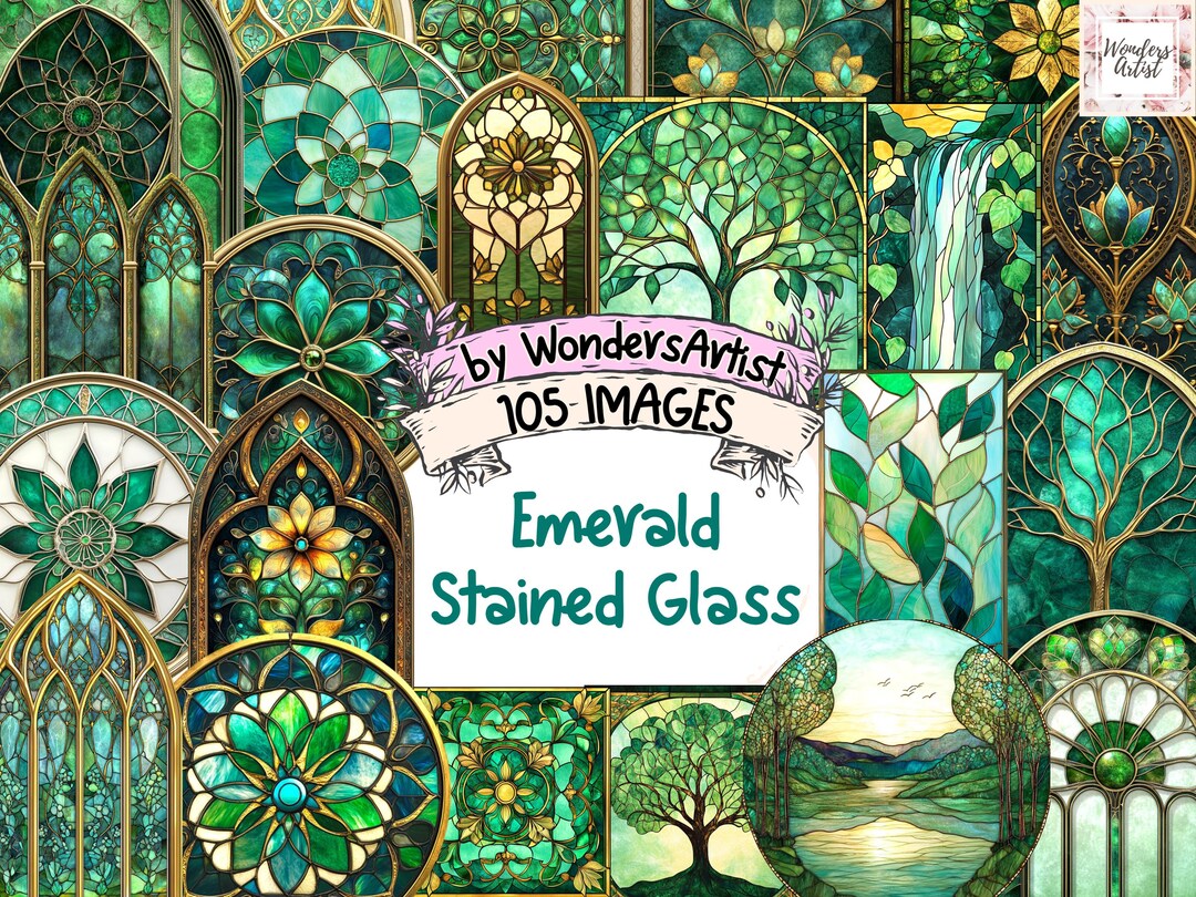 Emerald Stained Glass Watercolor Clipart Bundle 105 PNG Green Images ...