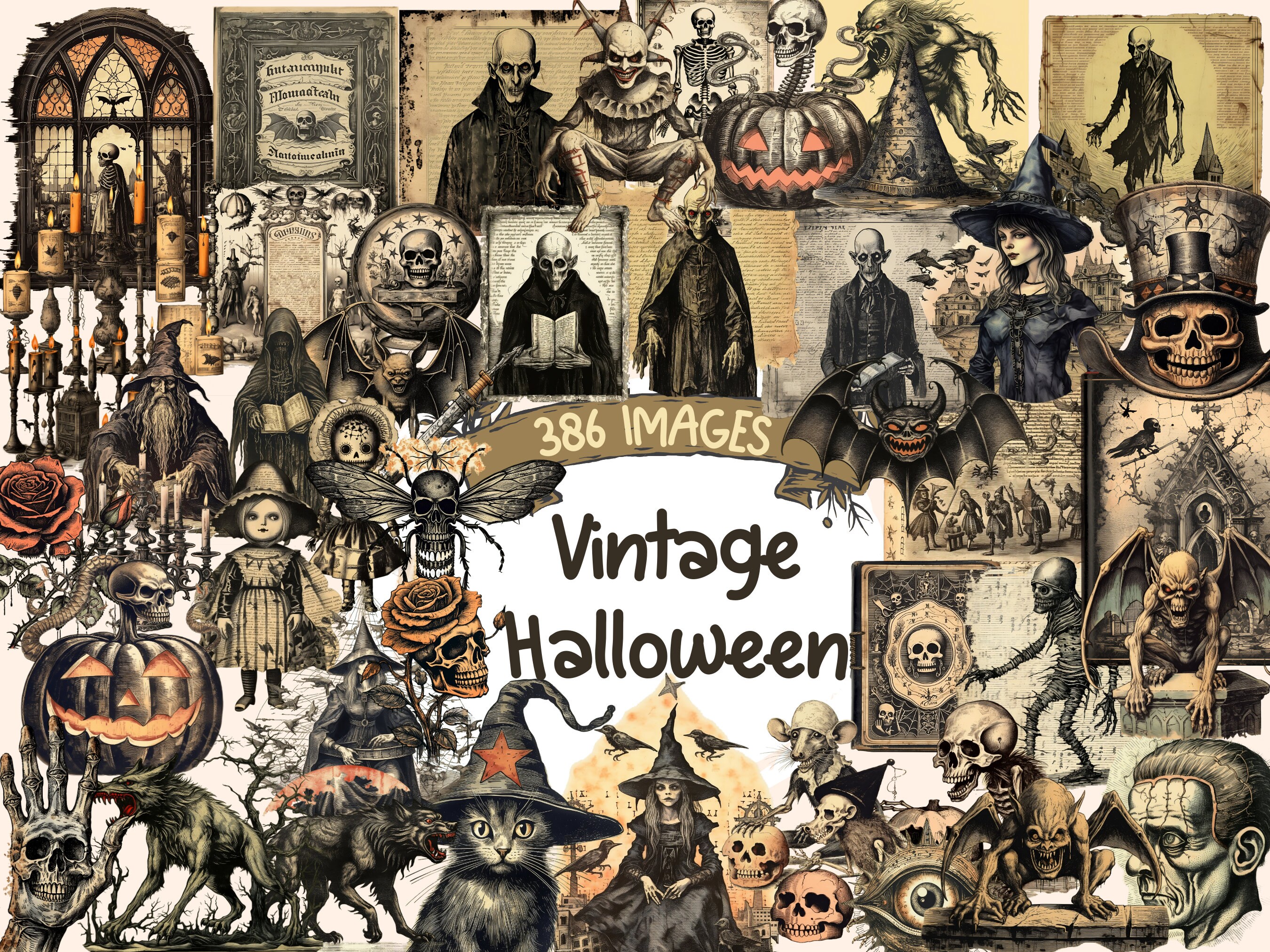 Vintage Halloween Clipart Bundle: 386 Retro PNG Images (digital ...