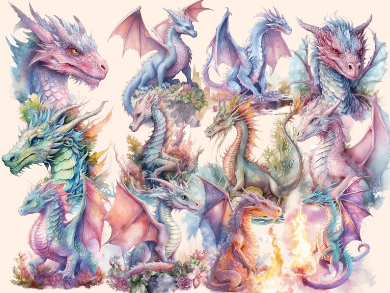 Elemental Dragons Watercolor Clipart Bundle 115 Magical - Etsy Australia