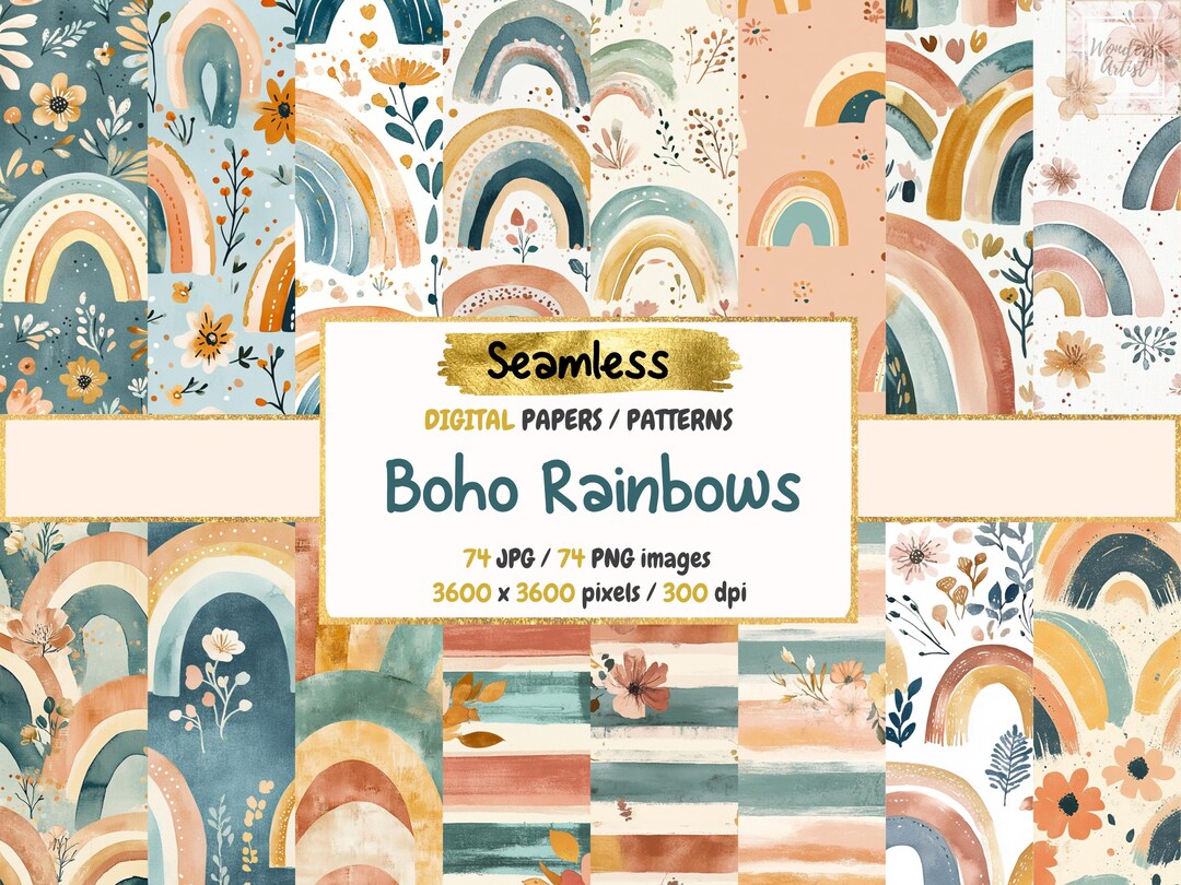 Boho Rainbows Seamless Digital Paper - Warm Earthy Textures, Rainbow ...