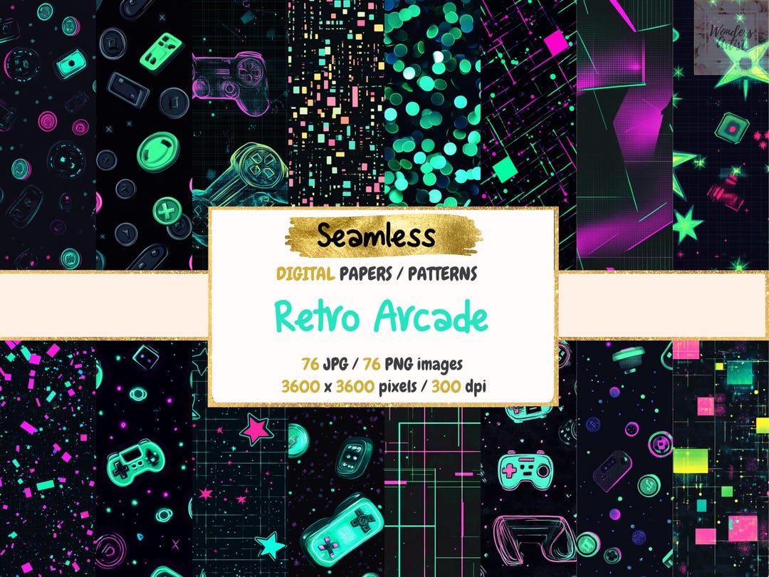 Retro Arcade Seamless Pattern Digital Papers - Neon Gaming Textures ...