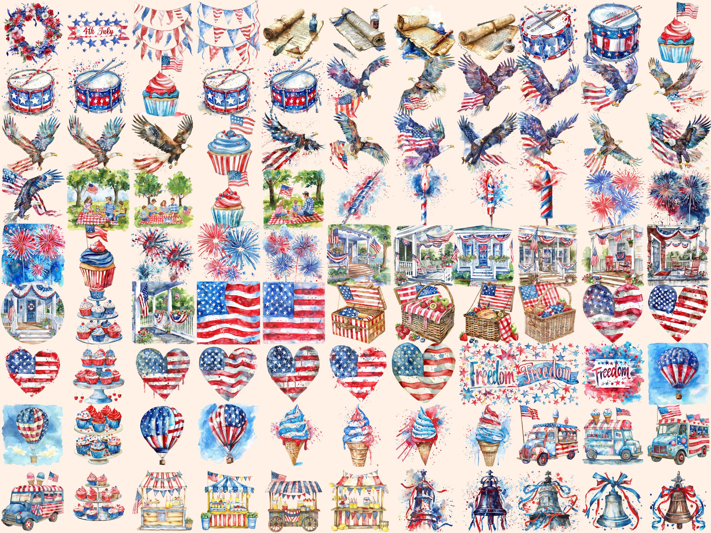4th of July Watercolor Clipart Bundle: 429 Patriotic PNG Images ...