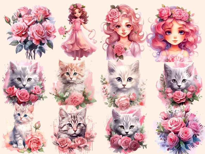 Pink Roses Watercolor Clipart Bundle 87 PNG Images - Etsy