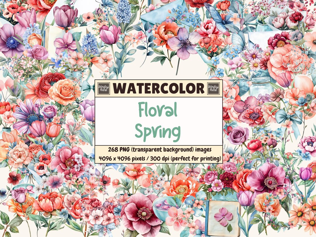 Floral Spring Watercolor Clipart - 268 PNG Graphics - Etsy