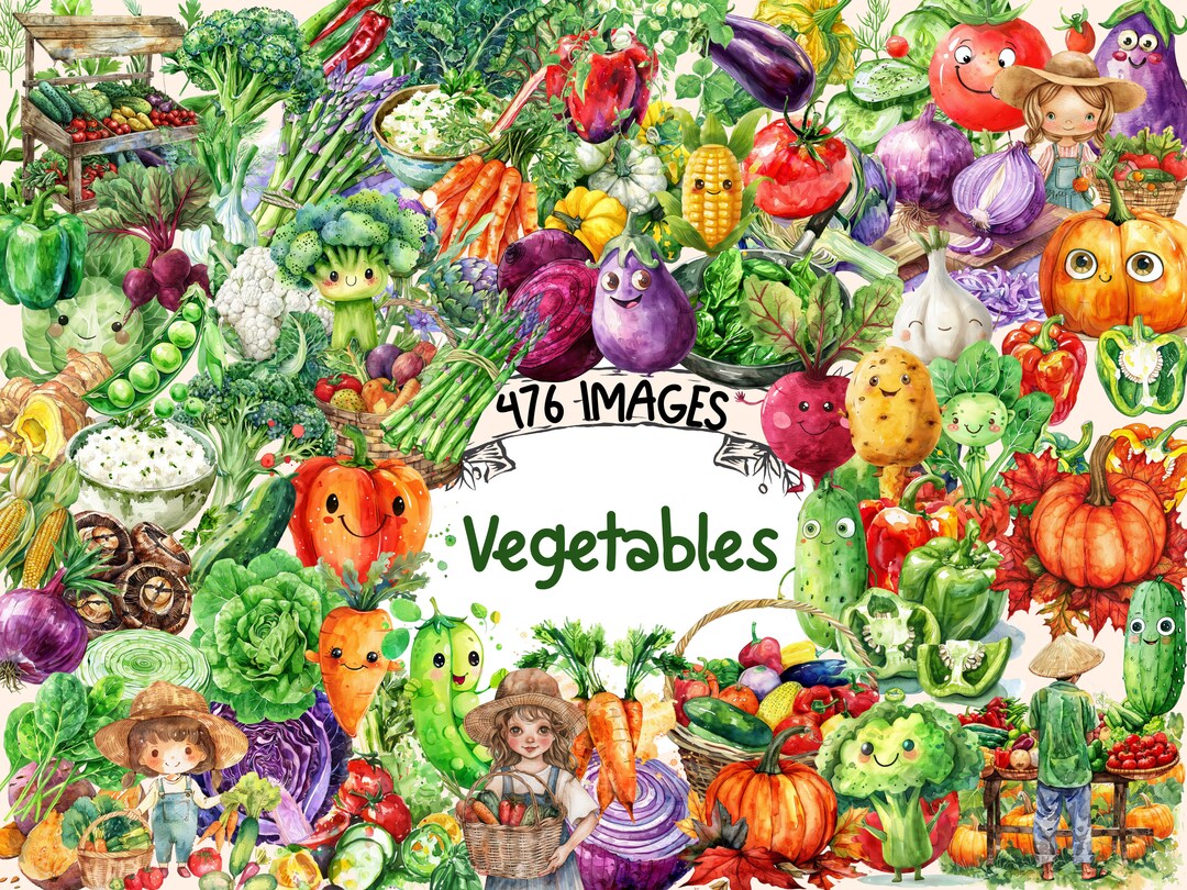 Vegetables Watercolor Clipart Bundle: 476 PNG Garden Veggie Graphics ...