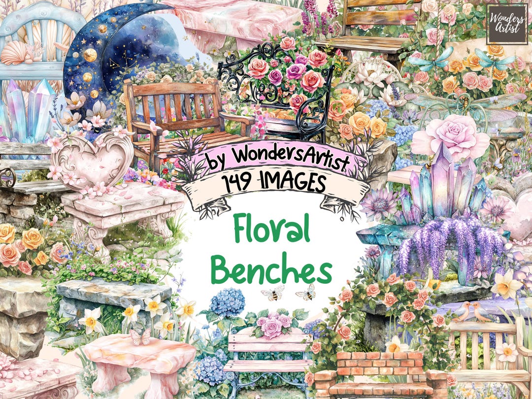 Floral Benches Watercolor Clipart Bundle - 149 PNG Bench Images, Garden ...