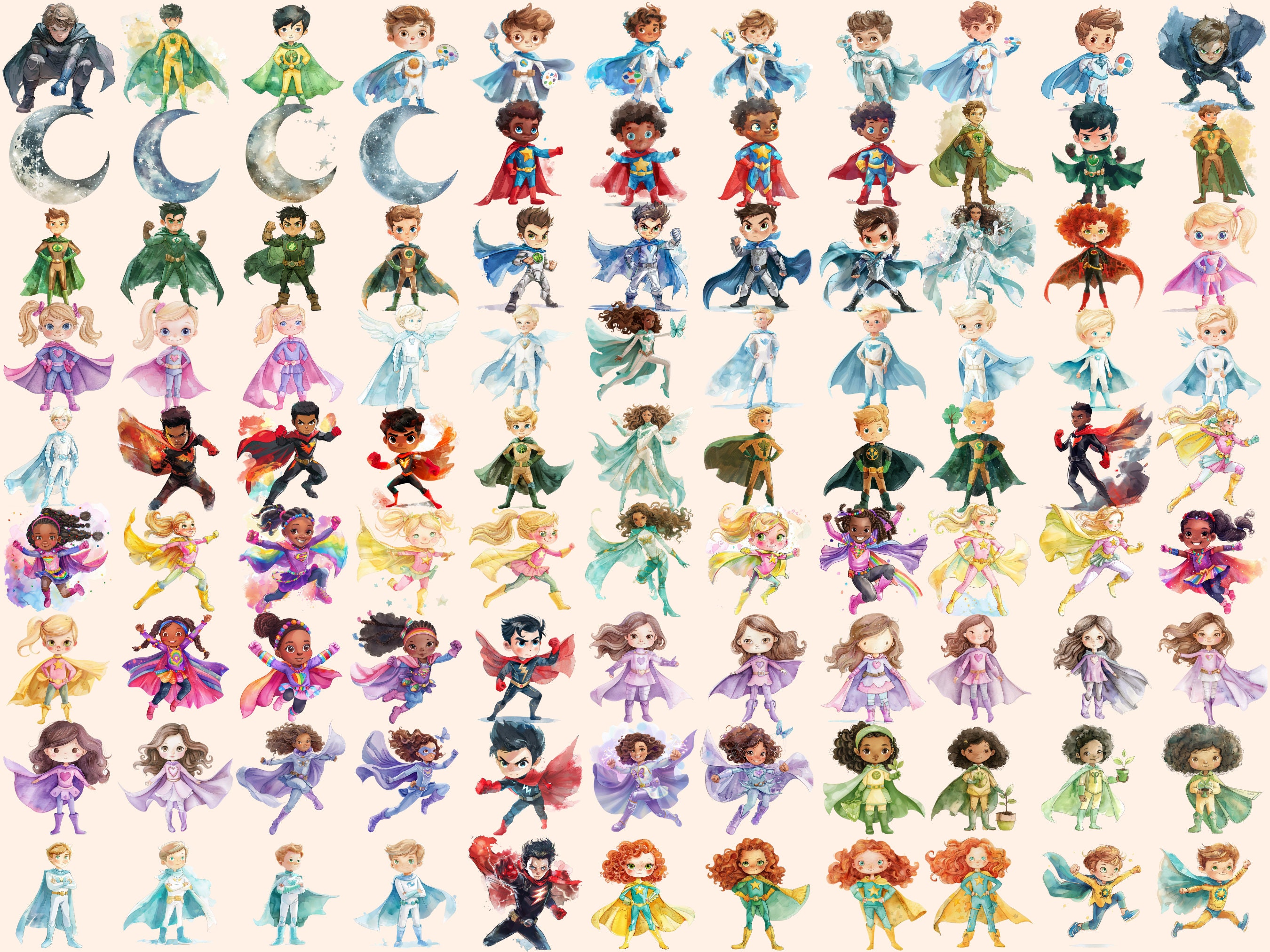 Watercolor Superhero Kids Clipart Bundle: 324 PNG Images (digital ...