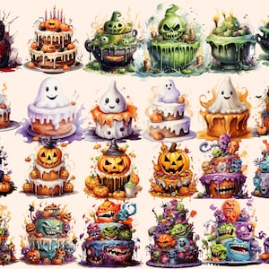 Halloween Cakes Watercolor Clipart: 132 Spooky Dessert PNG Images ...
