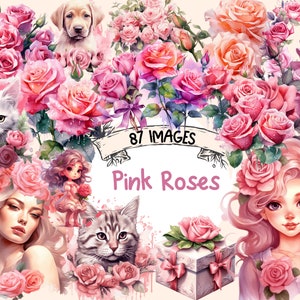 Pink Roses Watercolor Clipart Bundle - 87 PNG Images, Beautiful Floral ...