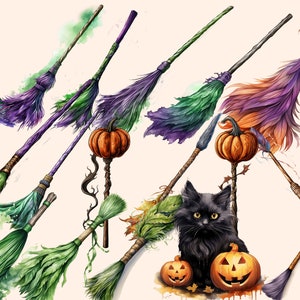 Broomsticks Watercolor Clipart Bundle - 60 PNG Fairytale Images ...