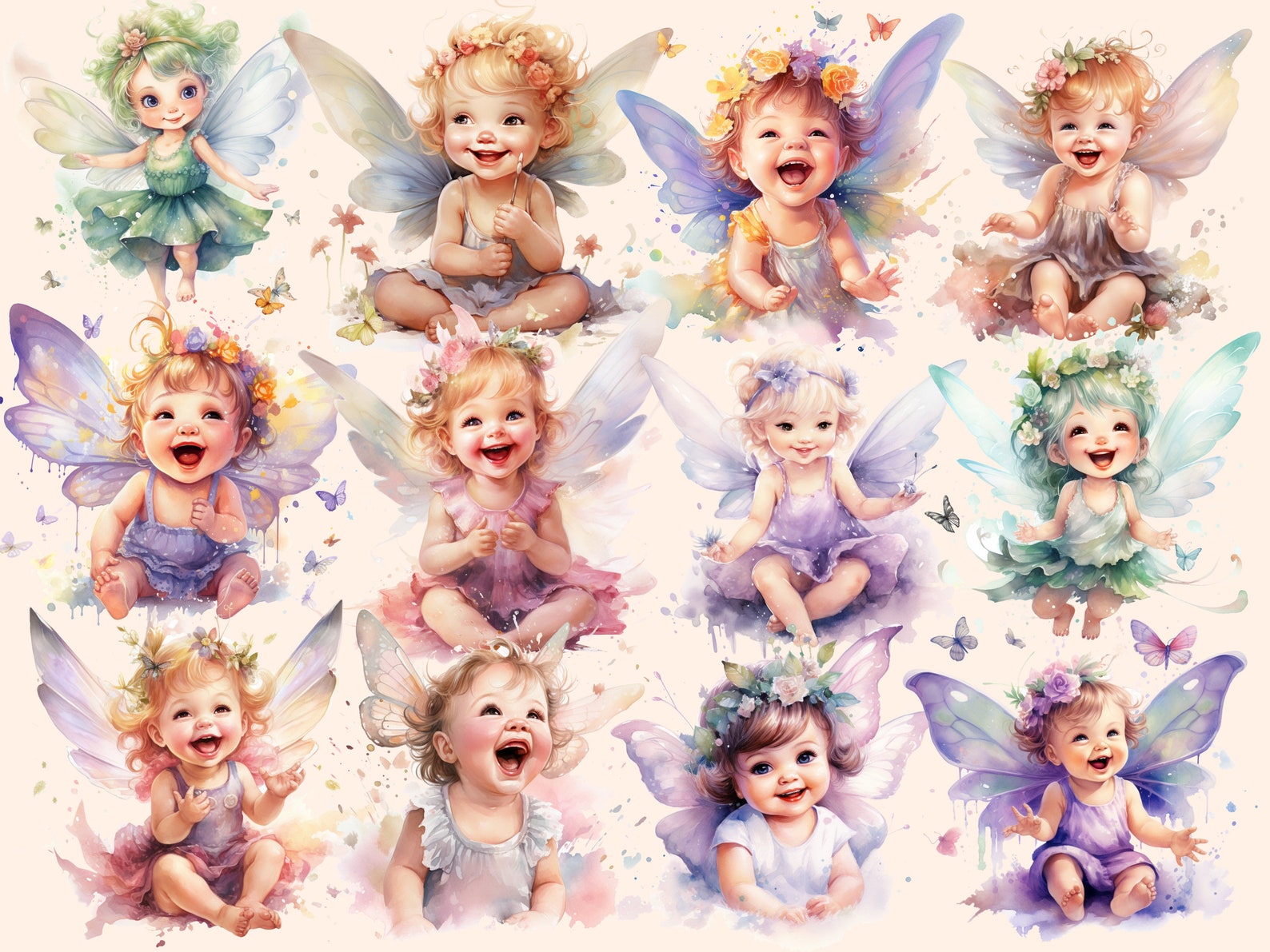 Butterfly Babies Watercolor Clipart Bundle: 60 PNG Images (digital ...