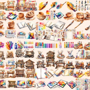 Watercolor Art Supplies Clipart Bundle: 337 PNG Graphics (digital ...
